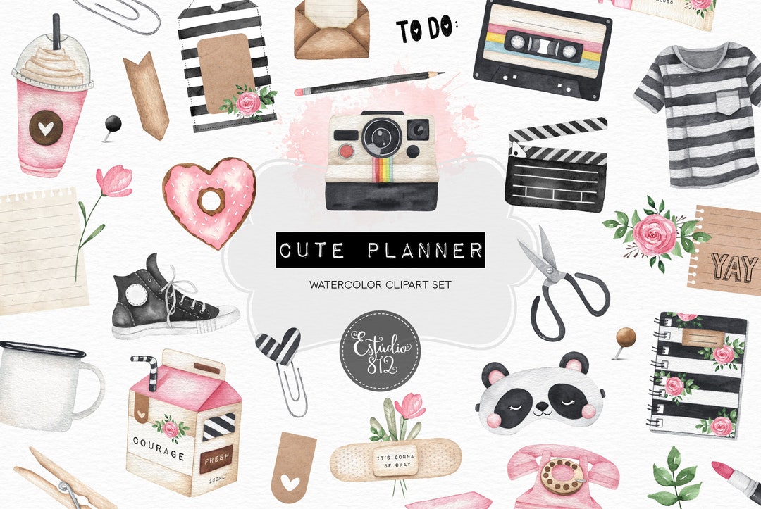 Planner Clipart, Planner Girl Watercolor Digital Clipart, Planner Set ...