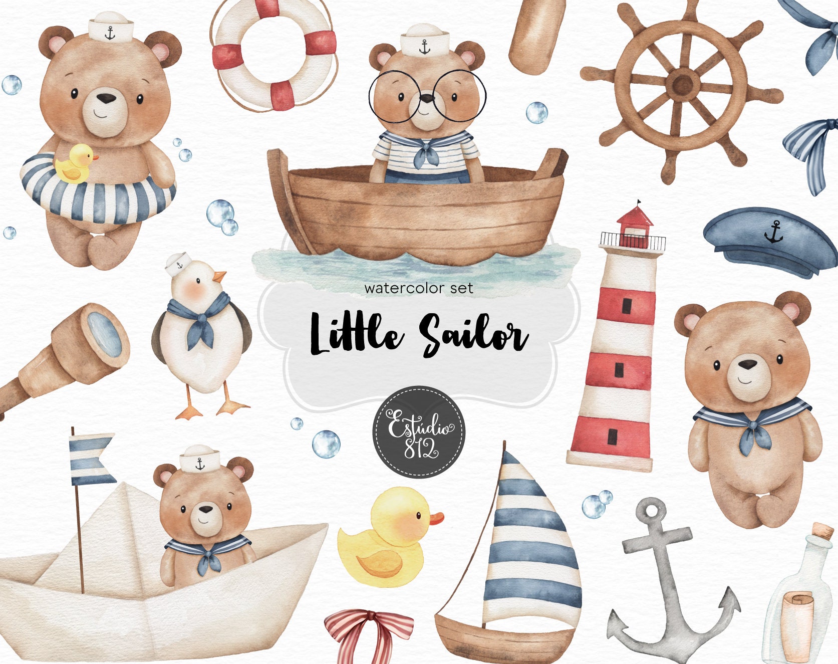 Little Sailor Watercolor Clipart Bundle: Bear, Seaman, Duck, Boat ...