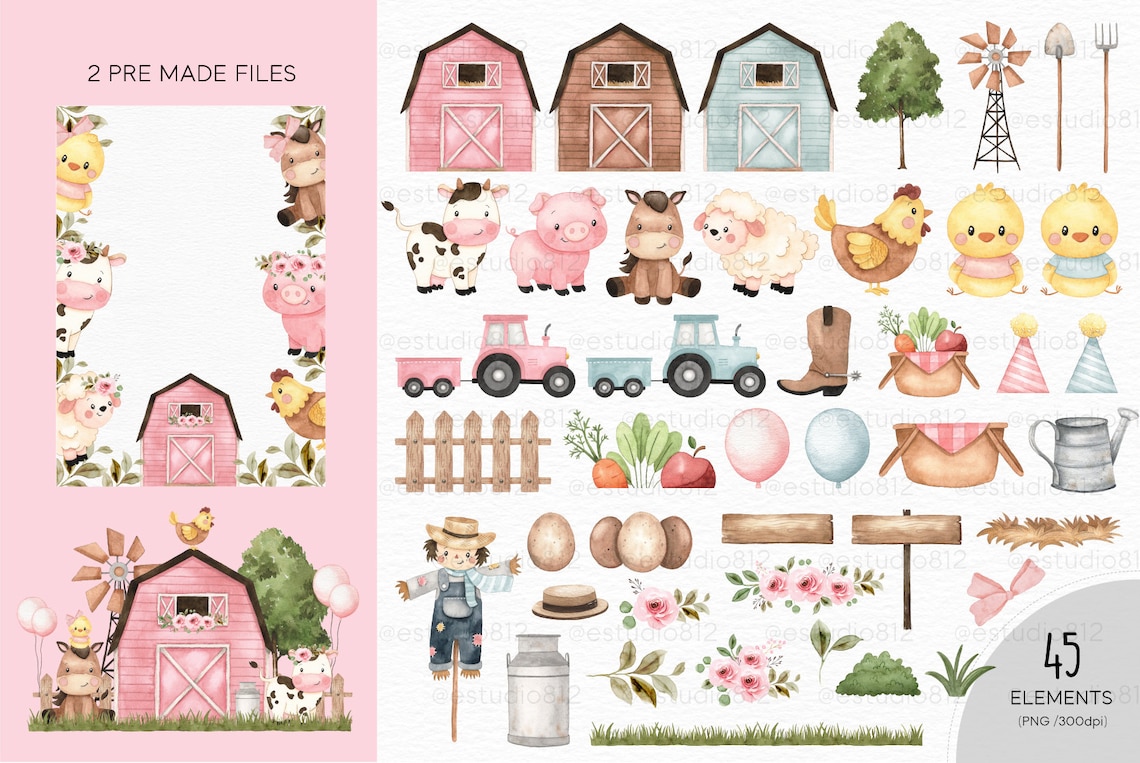 Cute Farm Clipart Farm Animals Watercolor Digital Clipart - Etsy