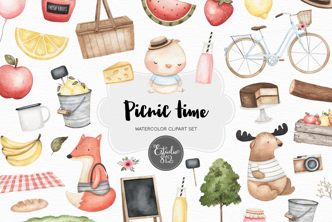 Picnic Watercolor Clipart Bird Woodland Fruits Animals Clip Art Digital ...
