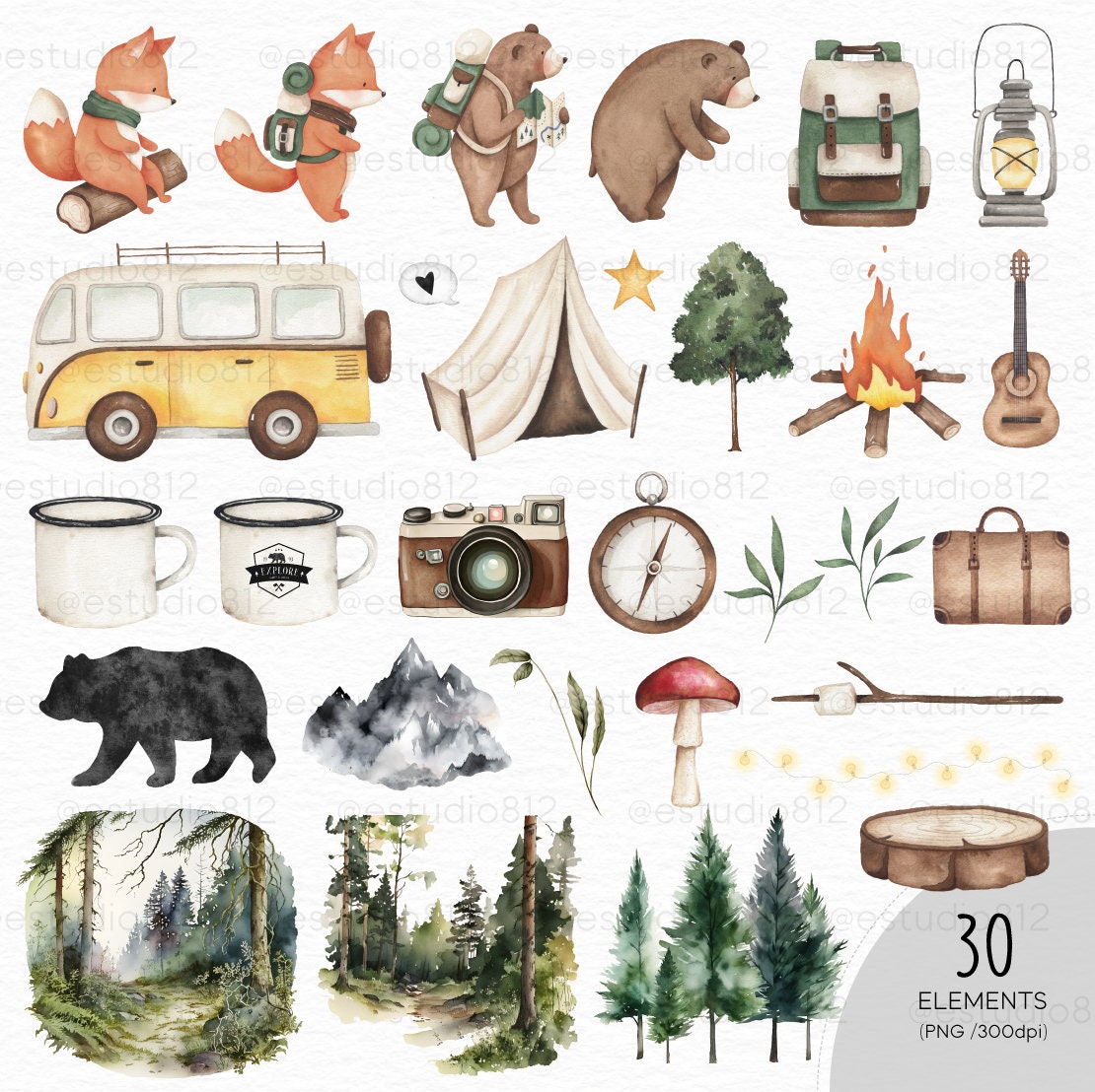 Cute Camping Illustration Bear Camping Animals Watercolor - Etsy