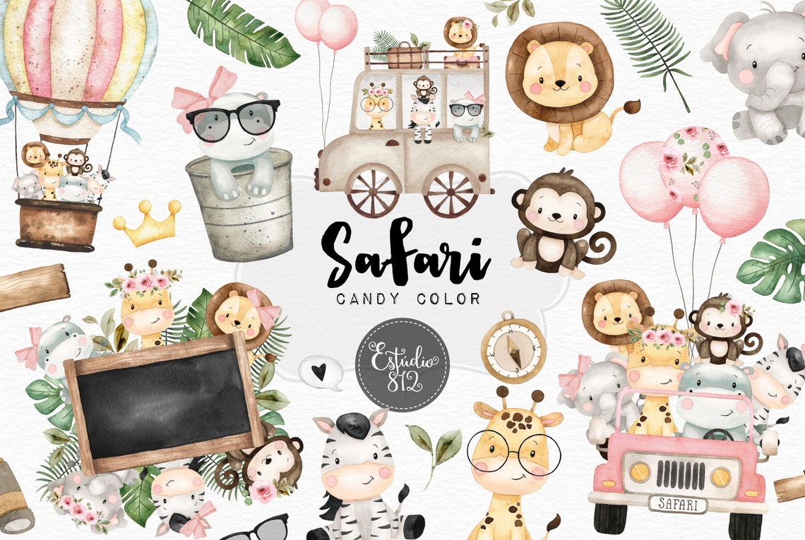 Safari Watercolor Clipart Bundle: Elephant, Hippo, Lion, Tiger, Giraffe ...