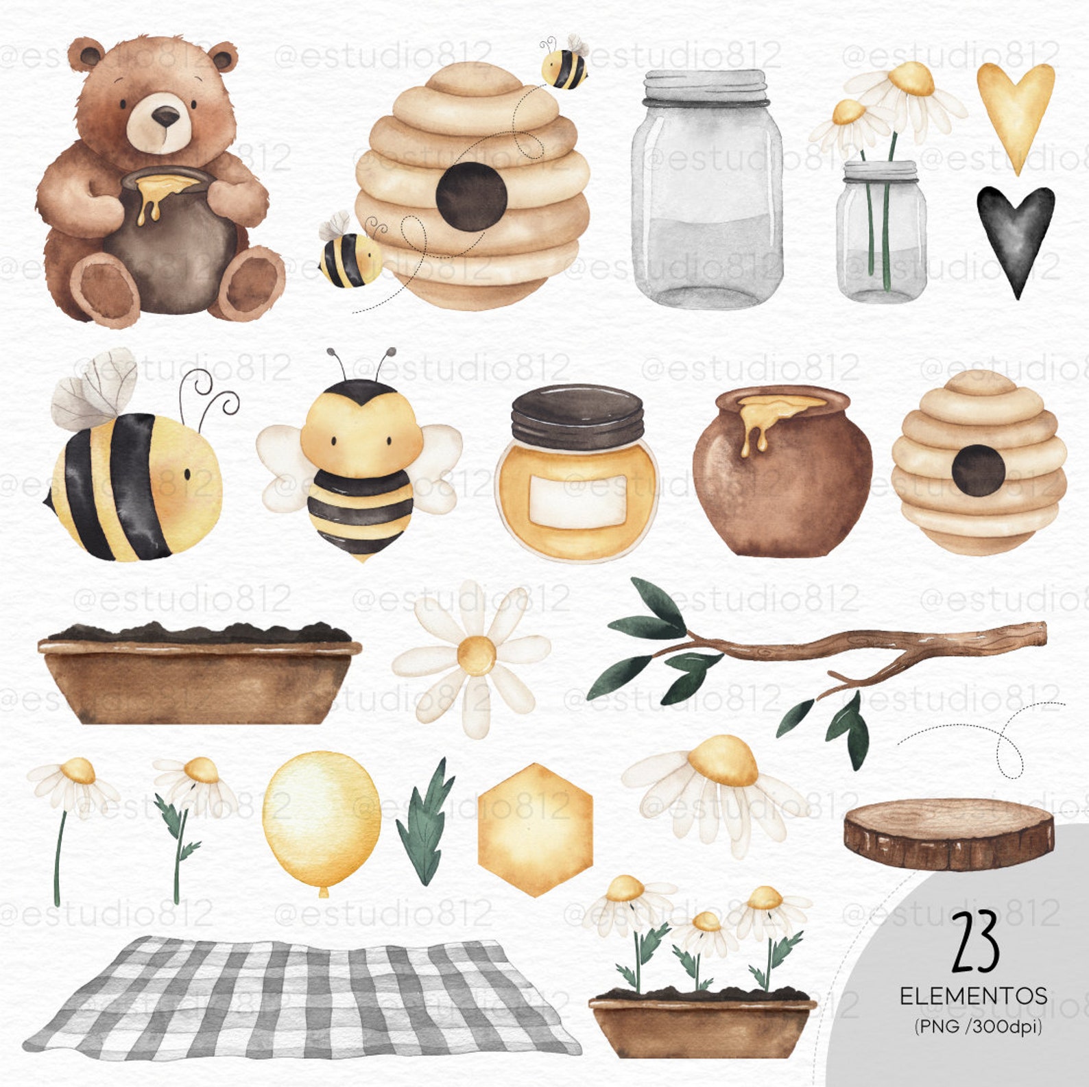 Bear and Bees Watercolor Clipart Bundle: Bear, Bees, Honey, Tree ...