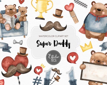 Father's Day PNG Watercolor Clipart, Super Daddy, Dad Bear Clipart ...