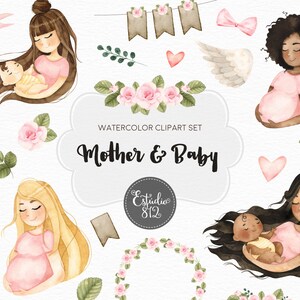 Mother and Baby Clipart, Mother Day Watercolor Digital Clipart, Mother ...