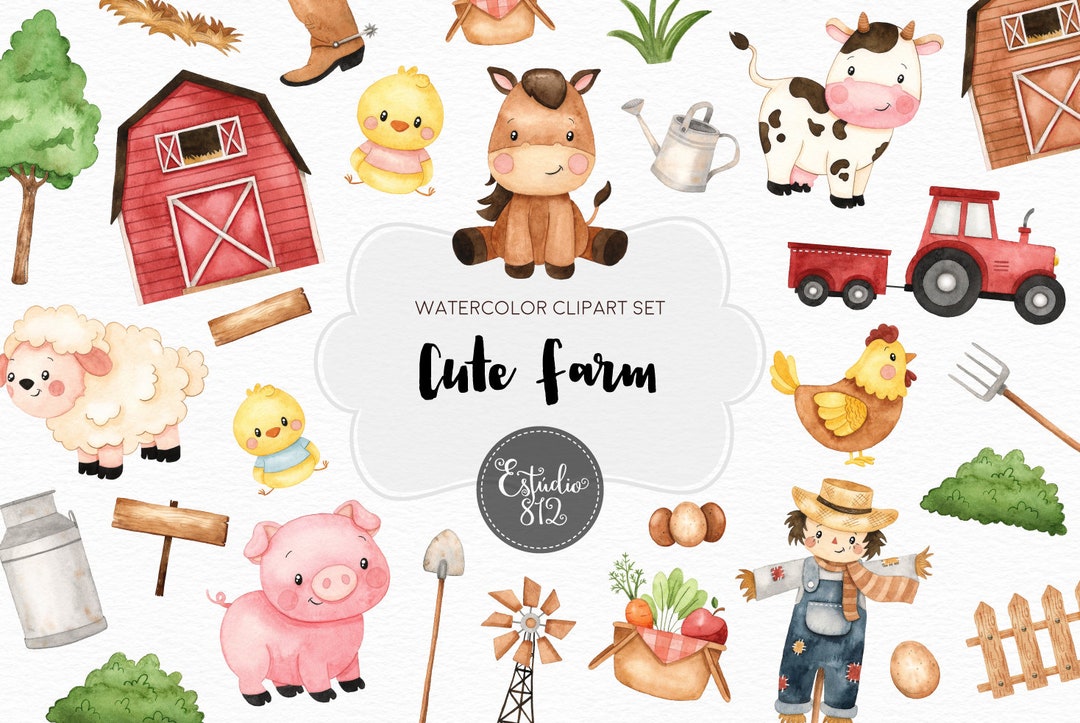 Cute Farm Clipart, Farm Animals Watercolor Digital Clipart, Farm ...