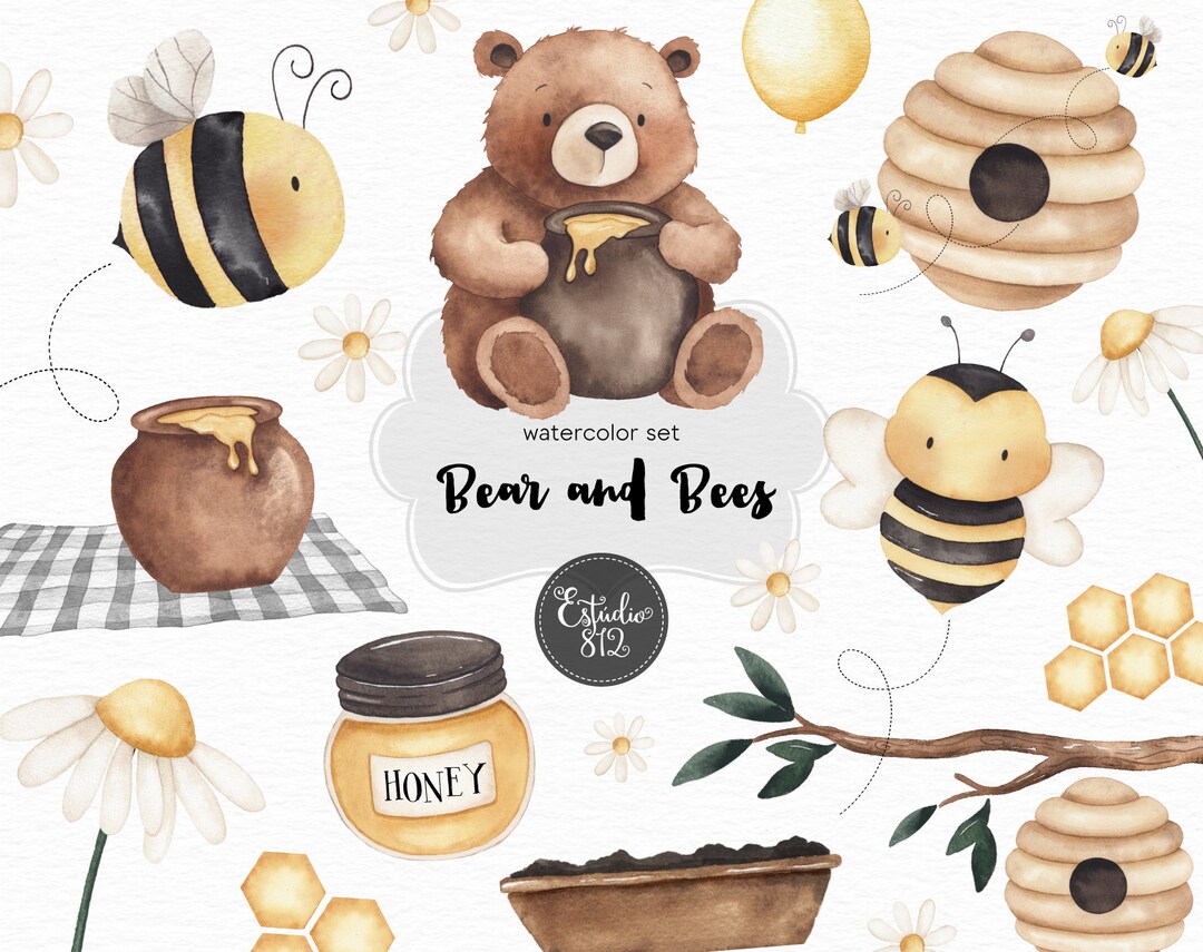 Bear and Bees Watercolor Clipart Bundle: Bear, Bees, Honey, Tree ...