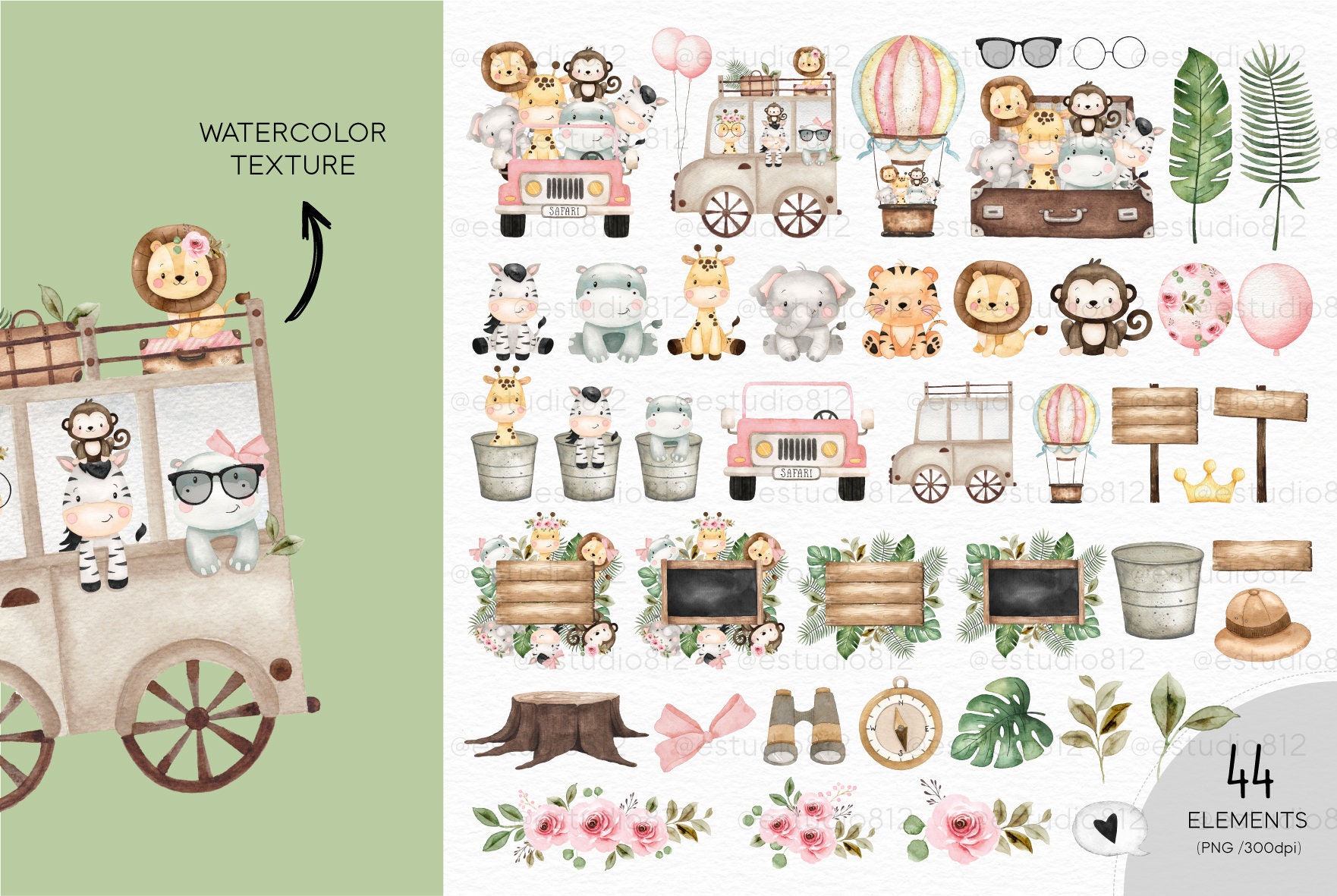 Safari Watercolor Clipart Bundle: Elephant Hippo Lion - Etsy UK