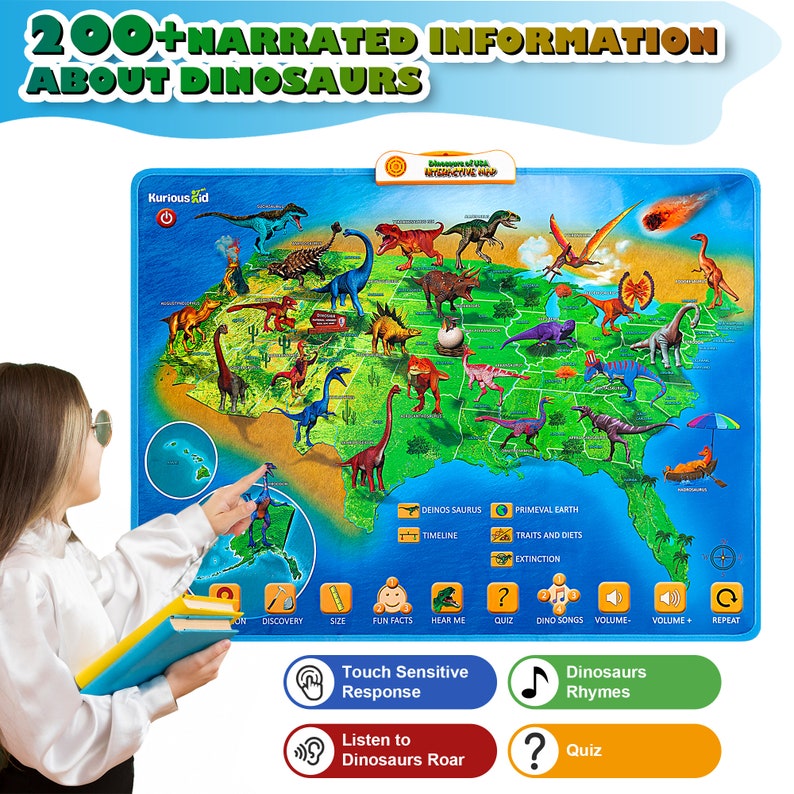 USA Interactive Dinosaur Map Poster for Kids. Educational Games, Song, Learning Activity Wall ...