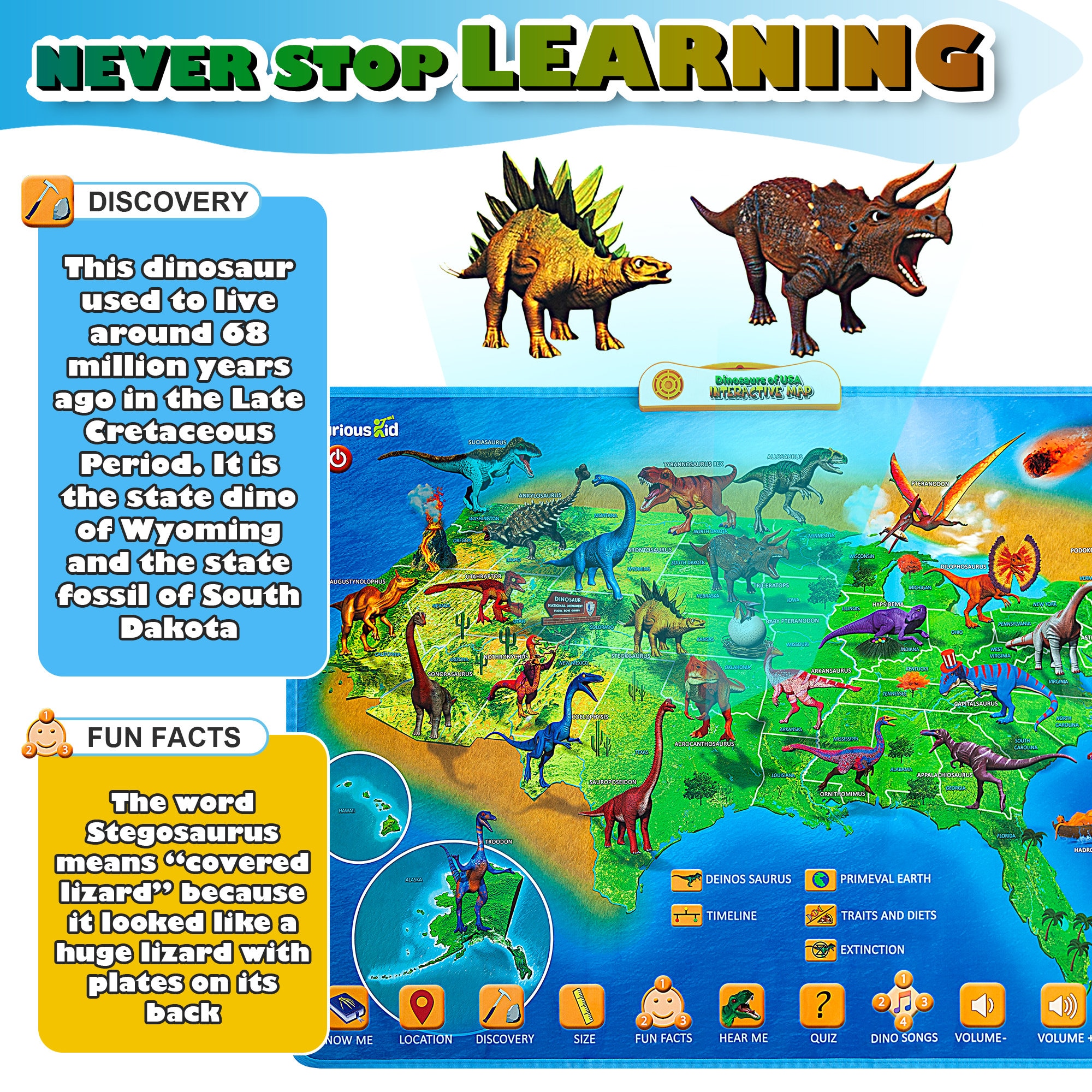 USA Interactive Dinosaur Map Poster for Kids. Educational Games, Song ...