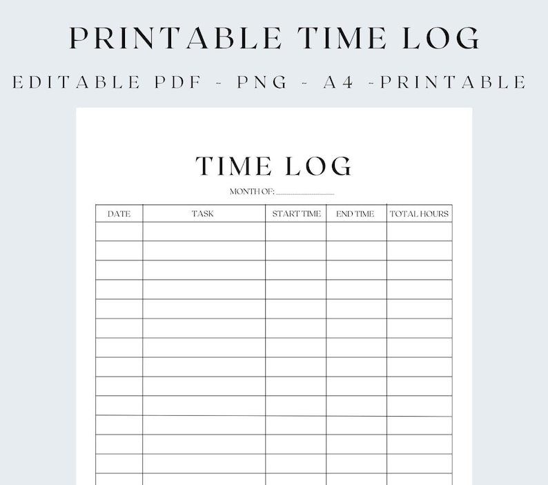 Time Log, Timesheet, Simple Time Log, Easy Timesheet, Black and White ...