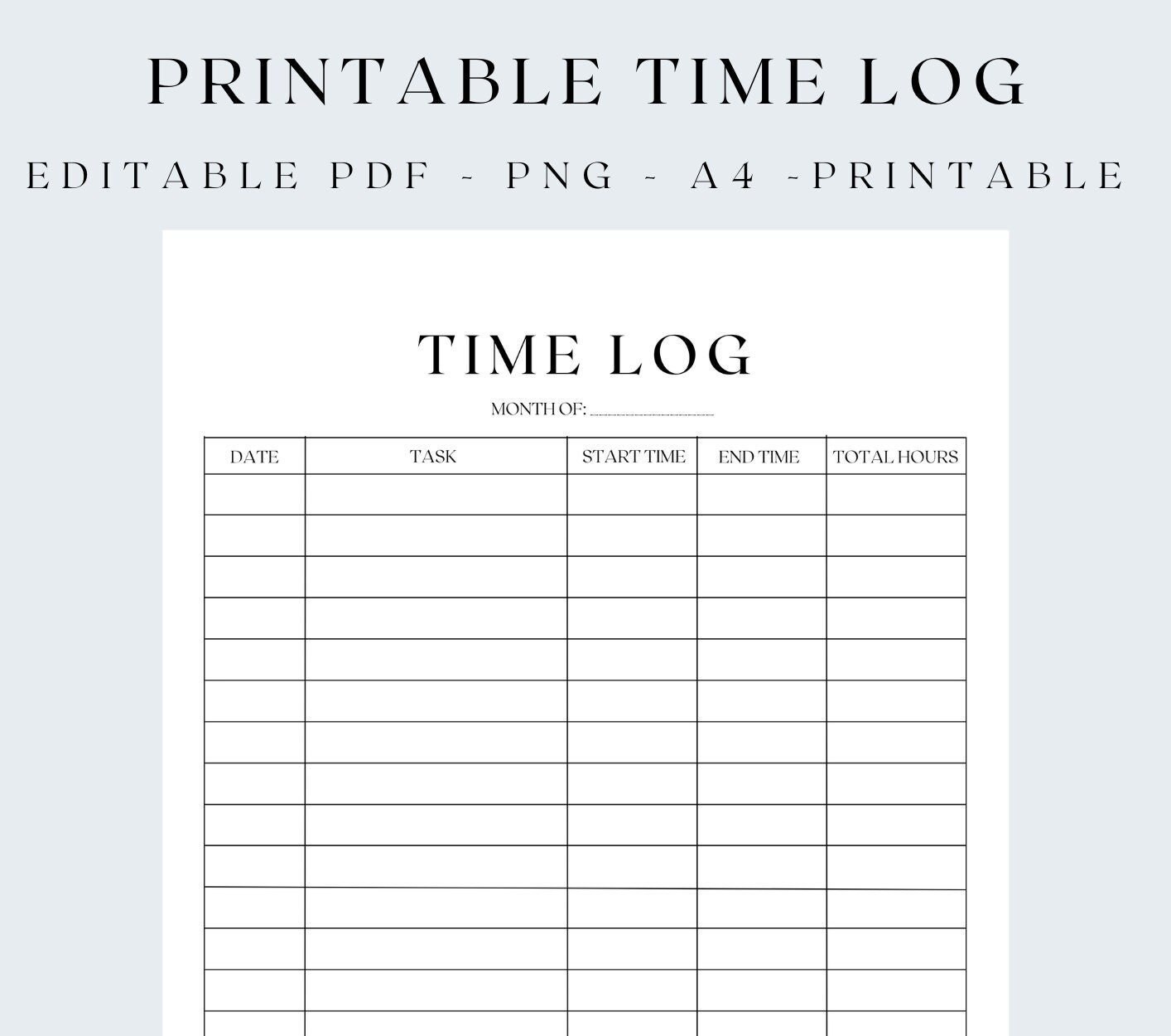 Time Log, Timesheet, Simple Time Log, Easy Timesheet, Black and White ...