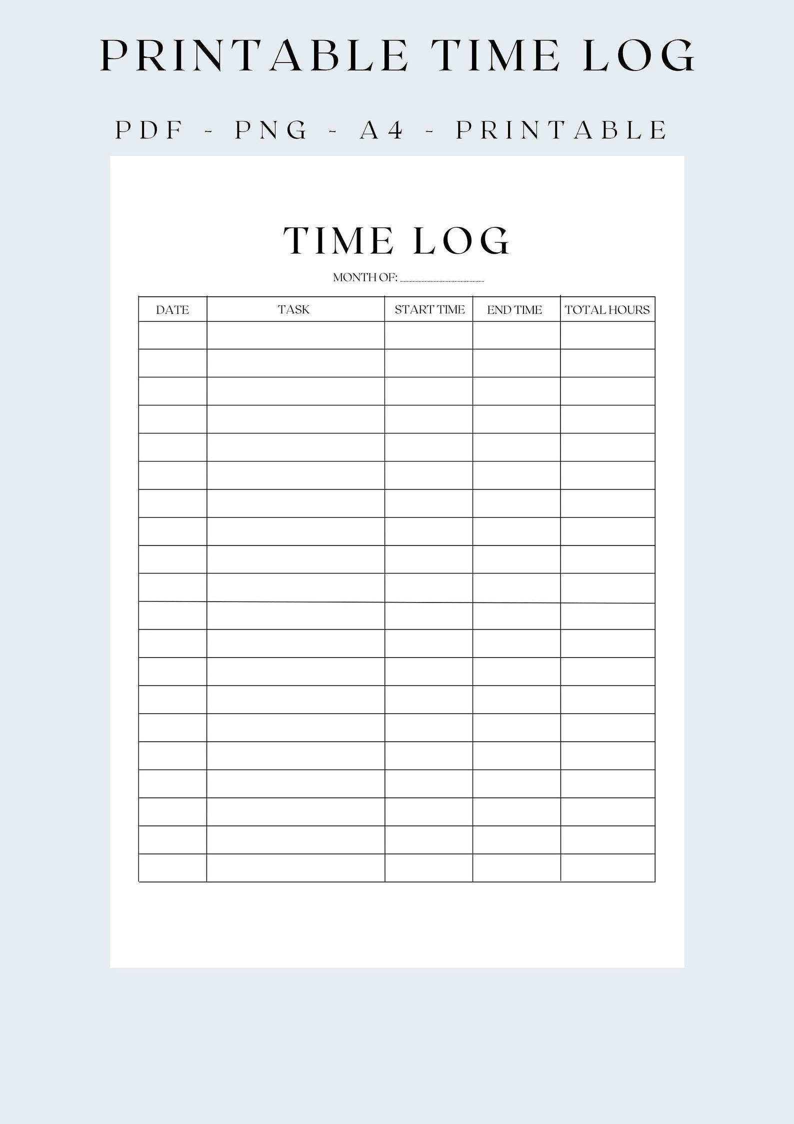 Time Log, Timesheet, Simple Time Log, Easy Timesheet, Black and White ...