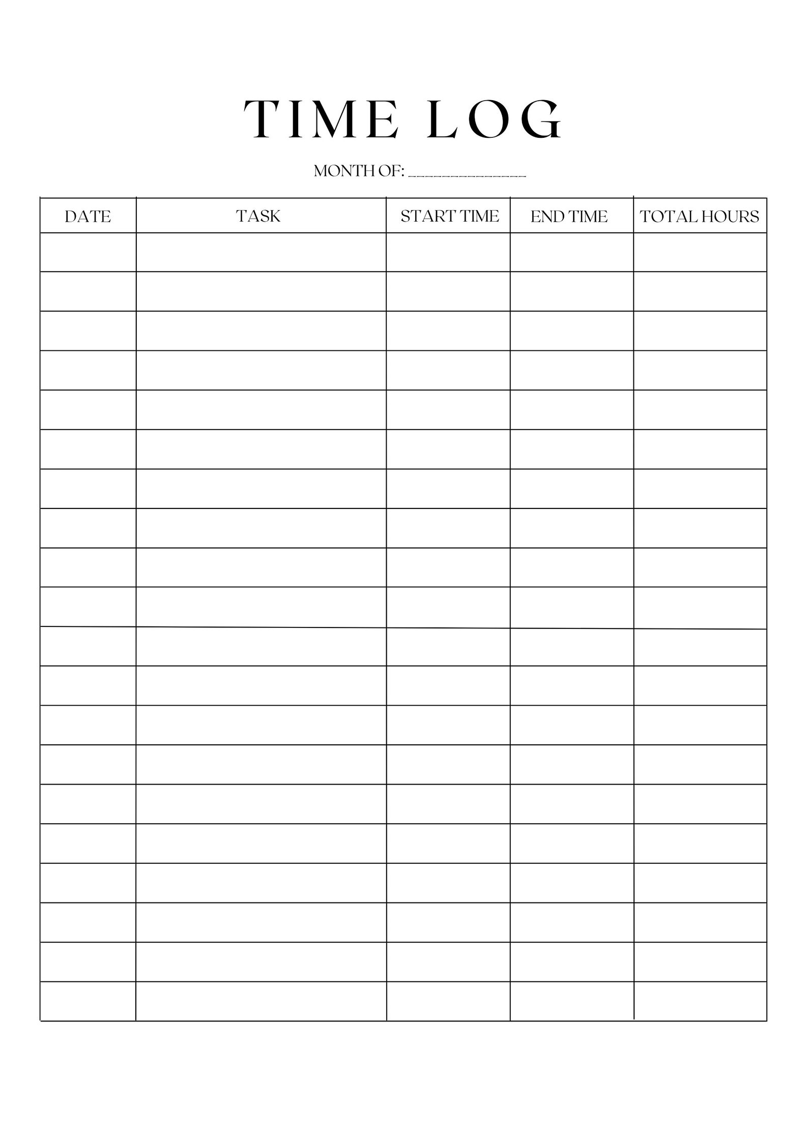 Time Log, Timesheet, Simple Time Log, Easy Timesheet, Black and White ...