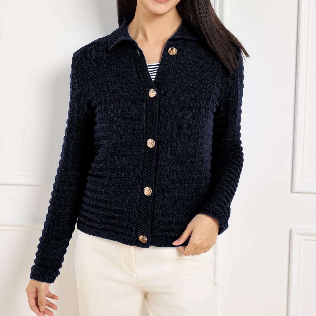 NWT Talbots 2025 Textured Polo Cardigan Indigo Blue, Misses XS-XL, Free ...