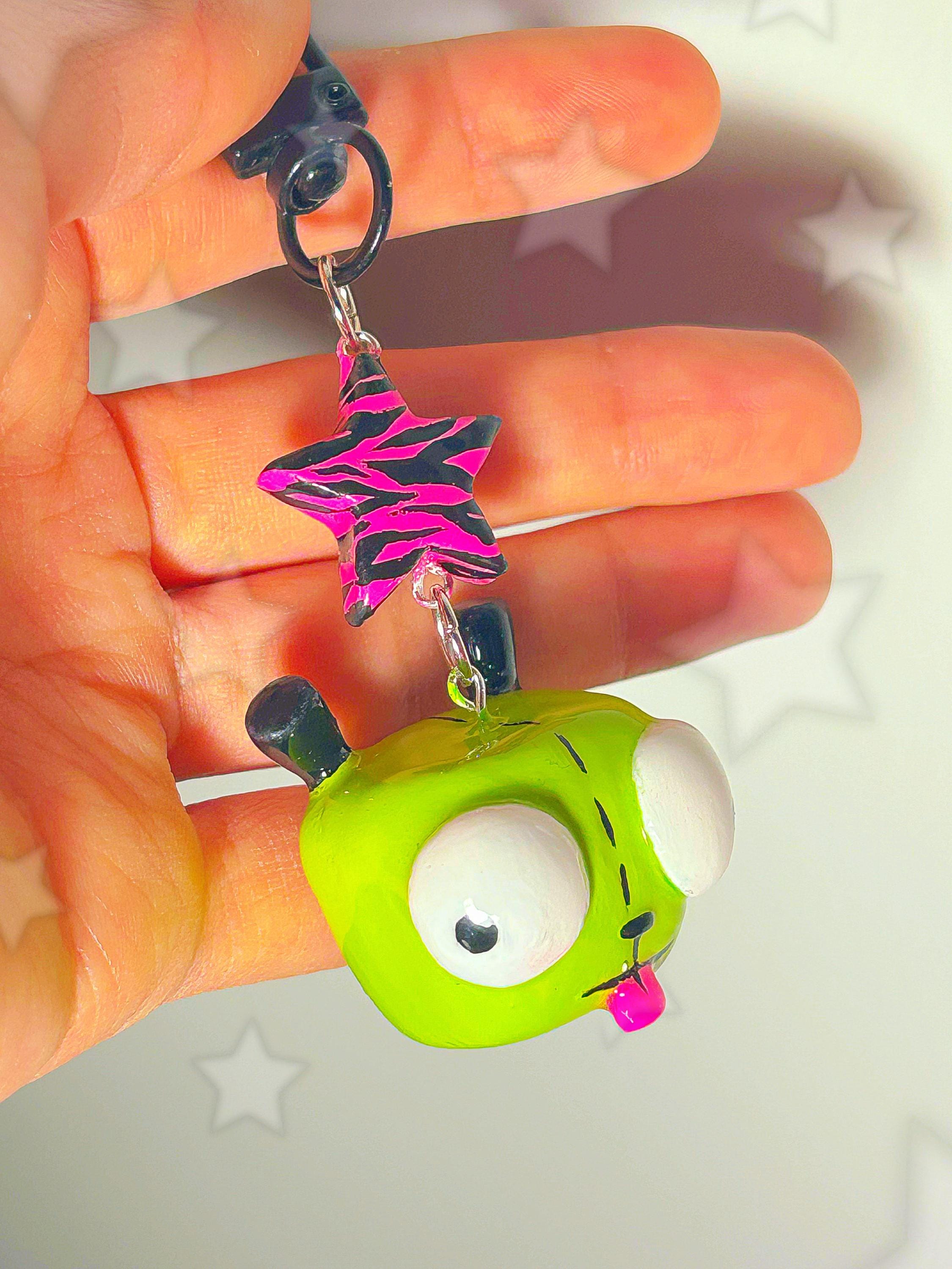 Adorable GIR Invader Zim Keychain With Pink Zebra Print & Y2K Star Clay ...
