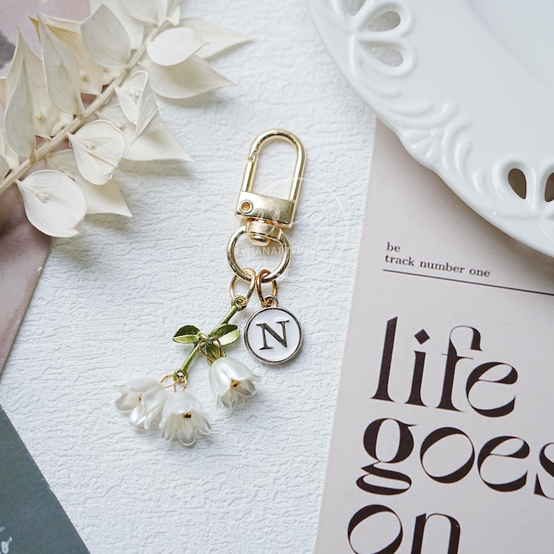 Custom Floral Keychain, Floral Gold Keyholder, Lily of the Valley Charm ...