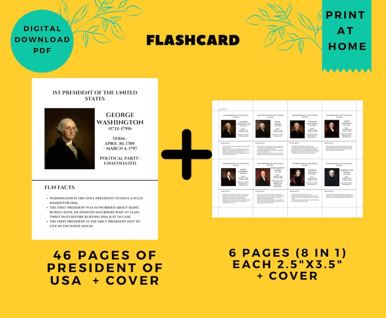46 Presidents of USA Educational Poster Flash Cards | Fun Fact About 46 ...