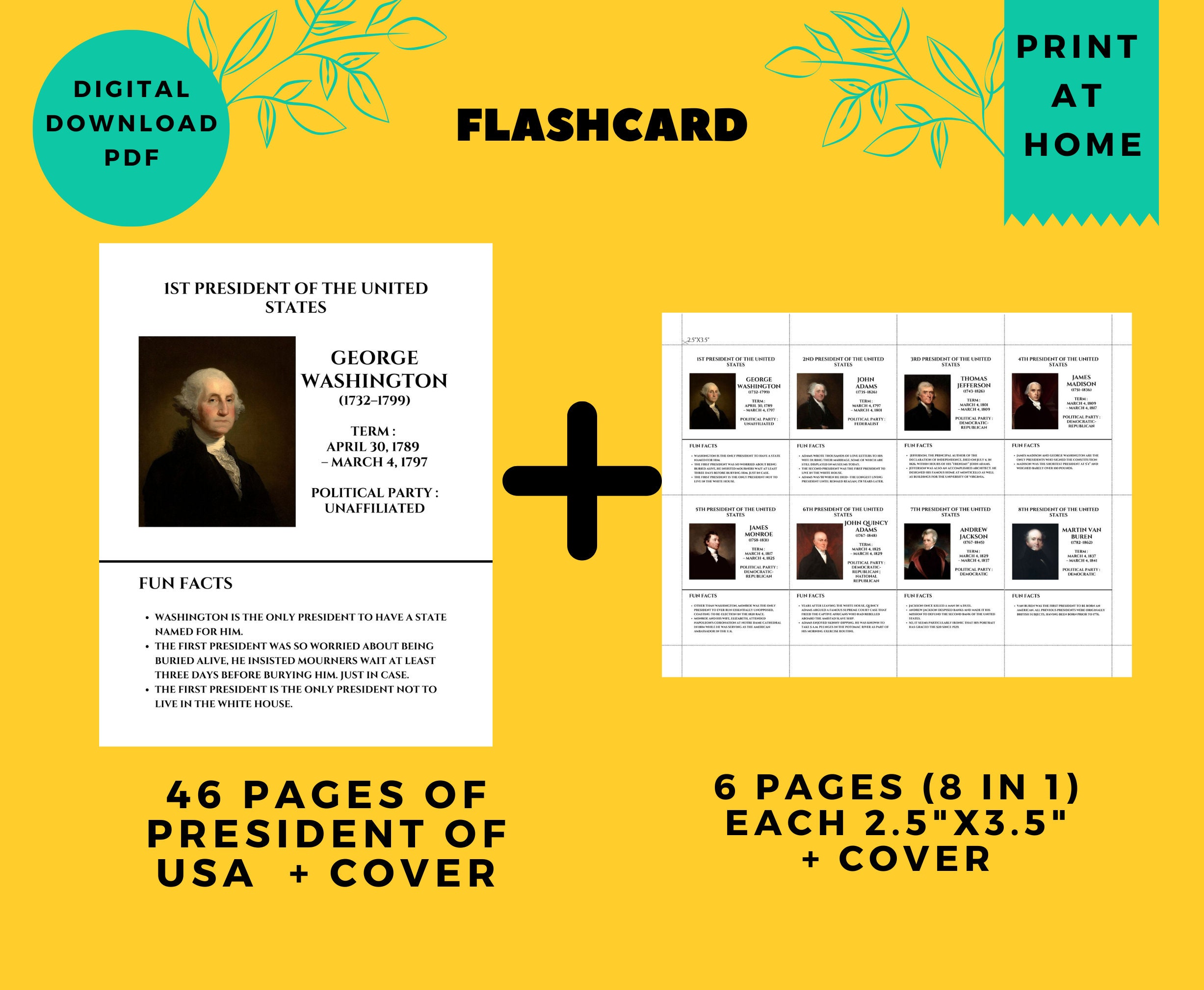 46 Presidents of USA Educational Poster Flash Cards | Fun Fact About 46 ...