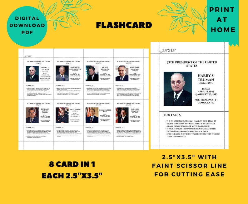 46 Presidents of USA Educational Poster Flash Cards | Fun Fact About 46 ...
