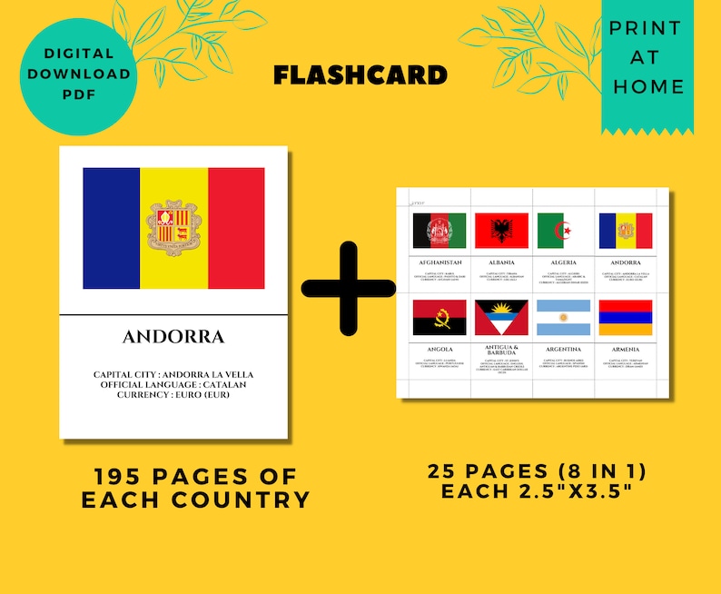 195 Country Educational Poster Flash Cards With Flag | Capital City ...