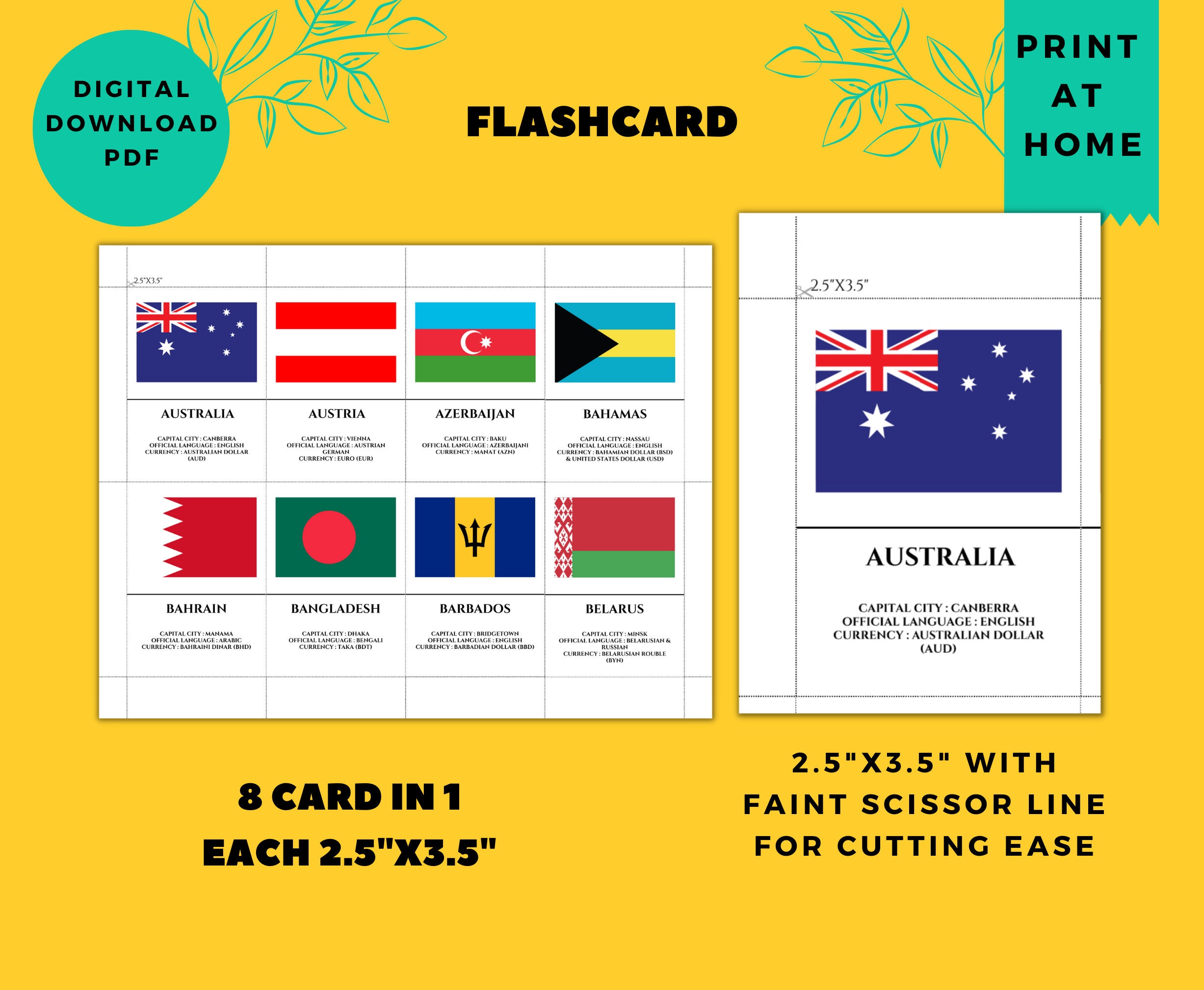 195 Country Educational Poster Flash Cards With Flag | Capital City ...