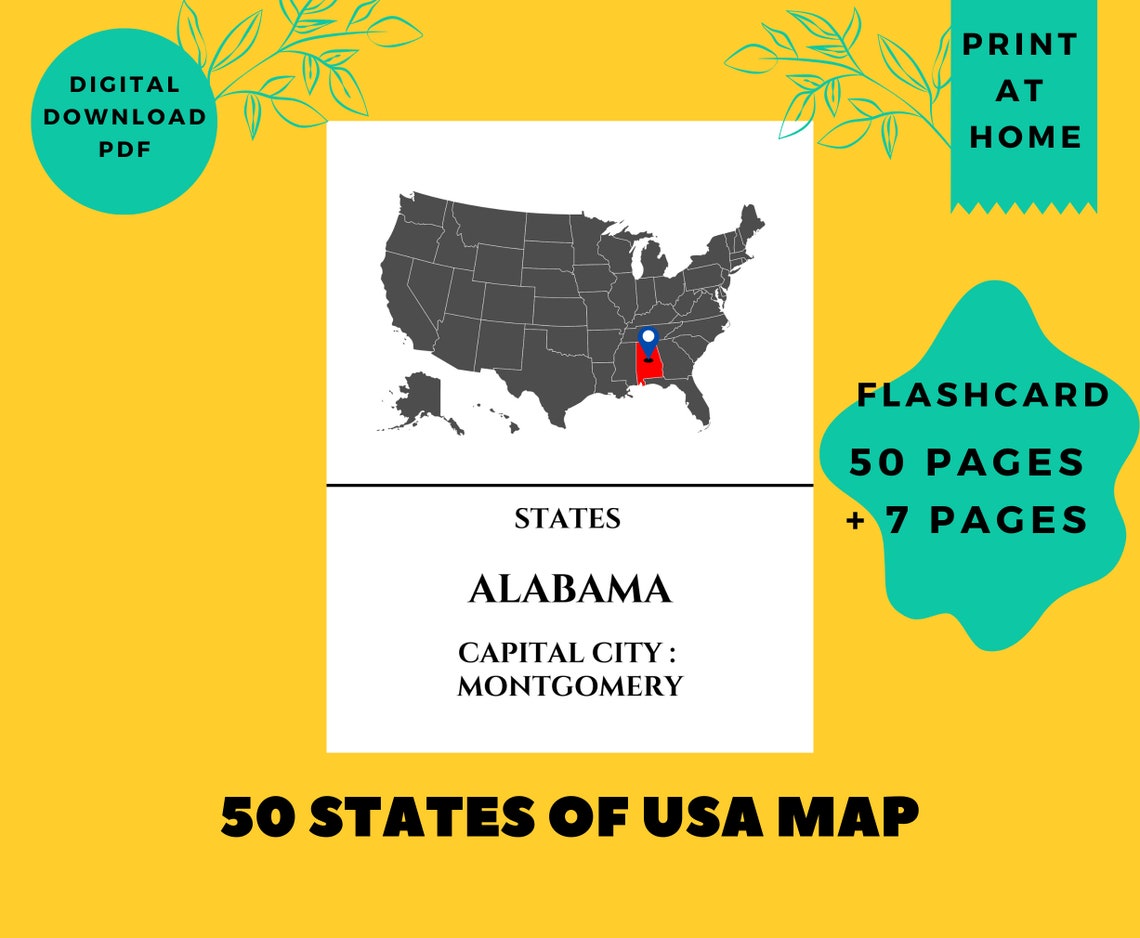 50 States of USA Educational Poster Flash Cards With Map | States ...