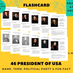 46 Presidents of USA Educational Poster Flash Cards | Fun Fact About 46 ...