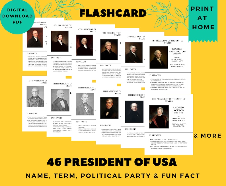 46 Presidents of USA Educational Poster Flash Cards | Fun Fact About 46 ...
