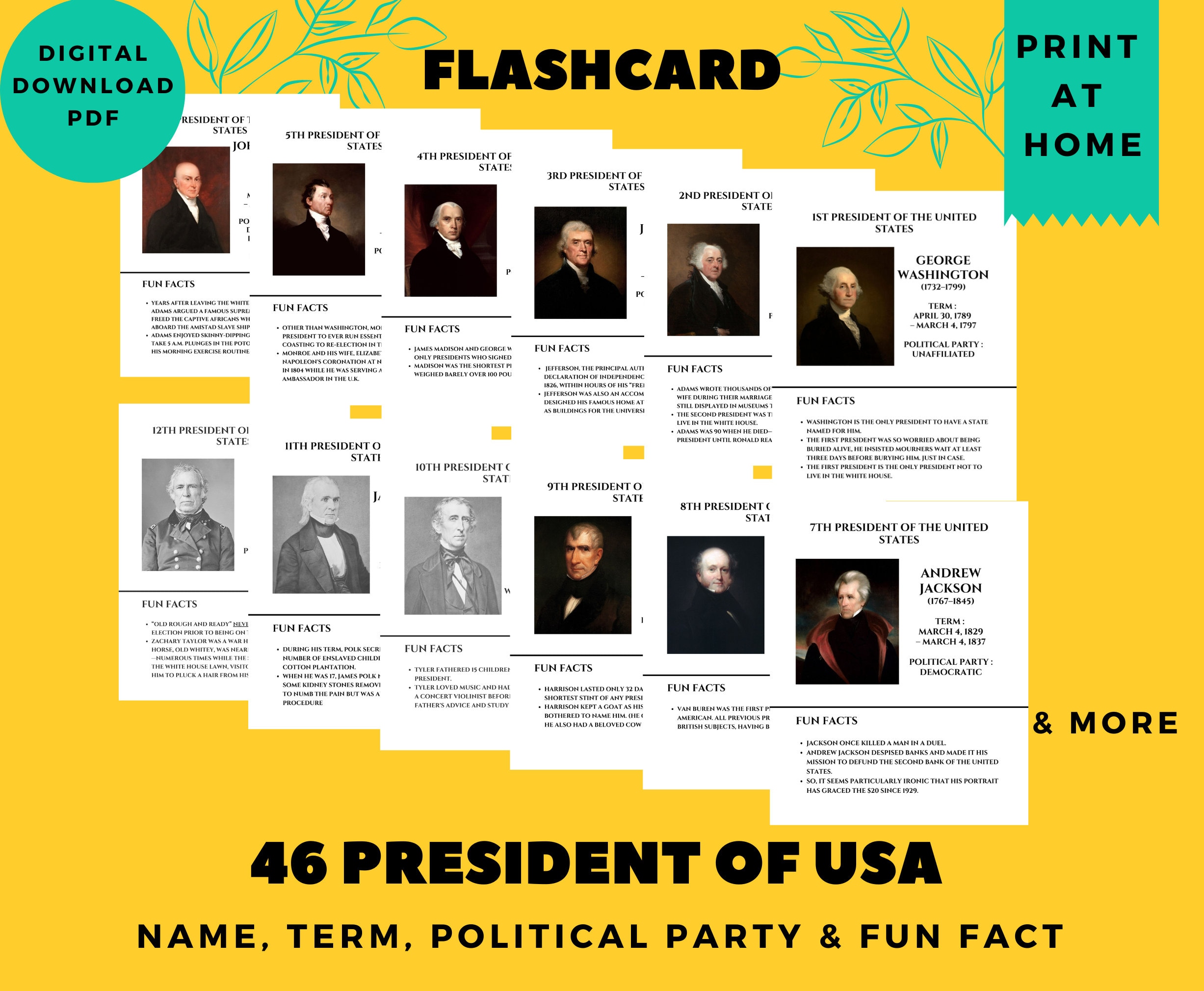 46 Presidents of USA Educational Poster Flash Cards | Fun Fact About 46 ...