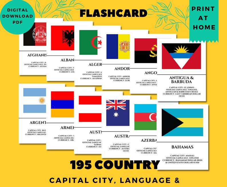195 Country Educational Poster Flash Cards With Flag | Capital City ...