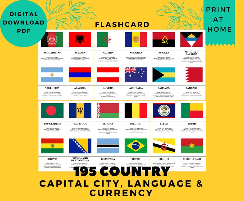 195 Country Educational Poster Flash Cards With Flag | Capital City ...