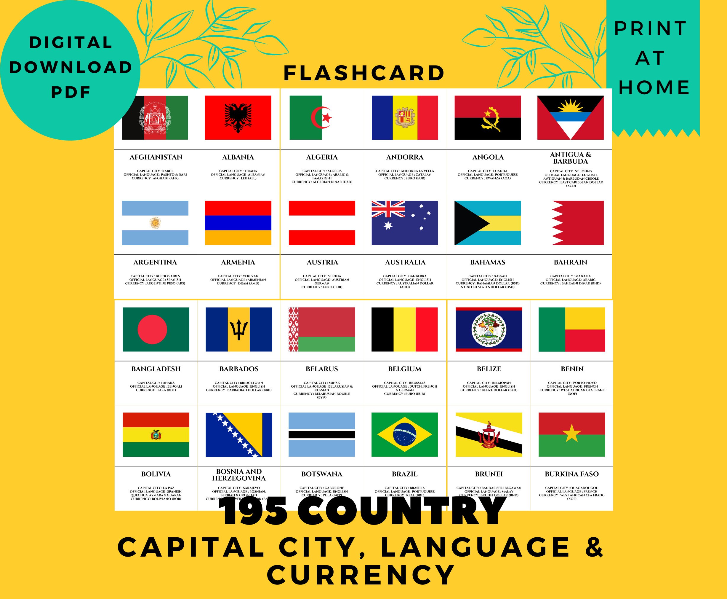195 Country Educational Poster Flash Cards With Flag | Capital City ...