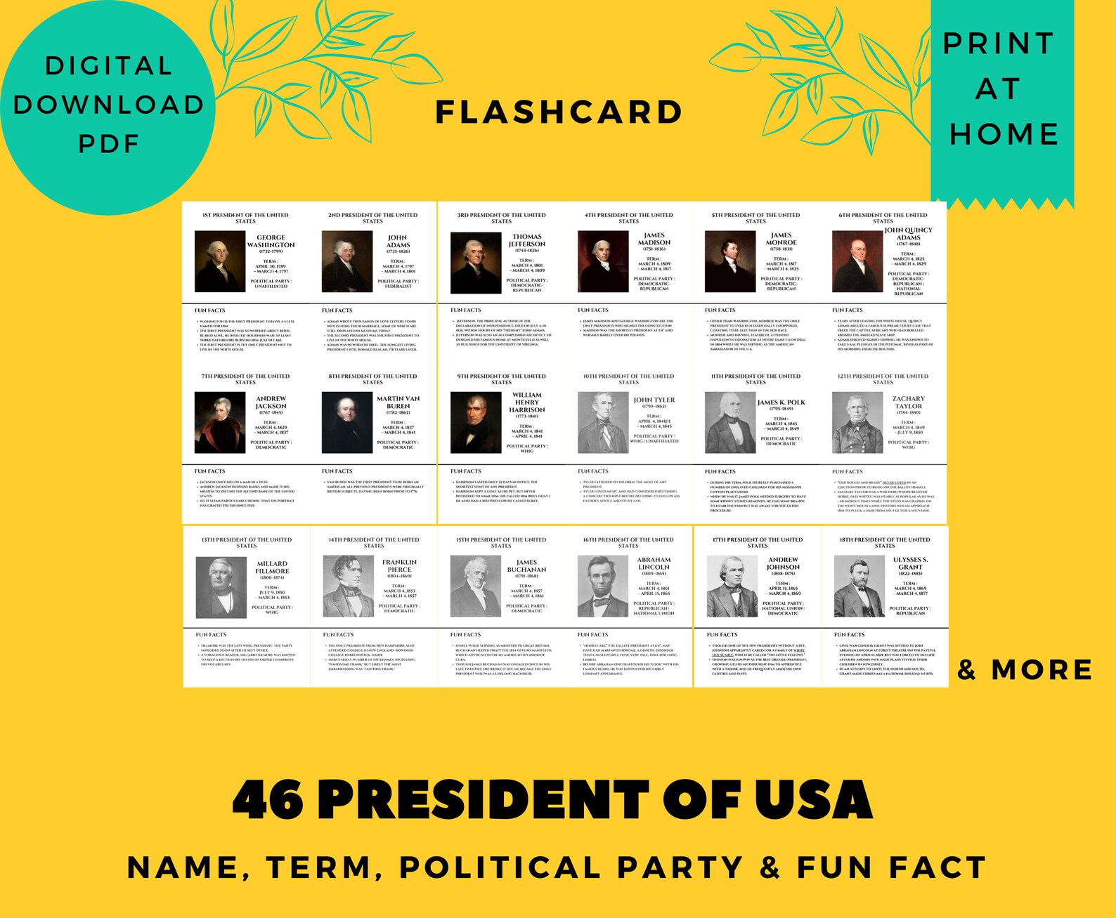 46 Presidents of USA Educational Poster Flash Cards | Fun Fact About 46 ...
