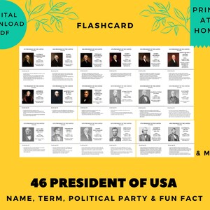 46 Presidents of USA Educational Poster Flash Cards | Fun Fact About 46 ...