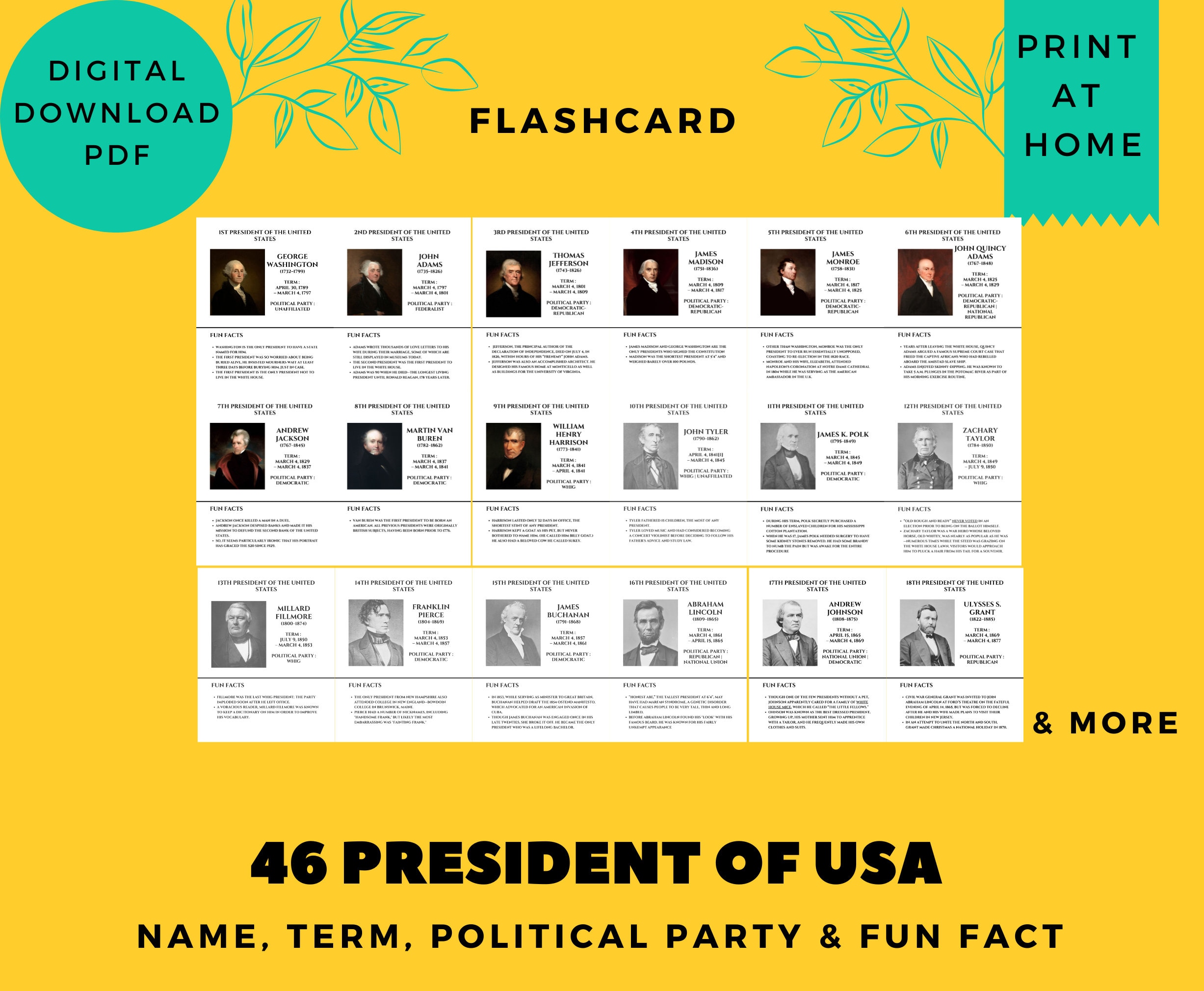 46 Presidents of USA Educational Poster Flash Cards | Fun Fact About 46 ...