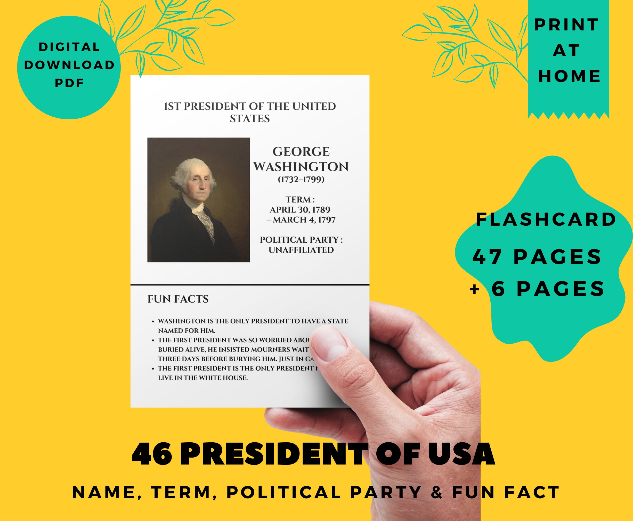 46 Presidents of USA Educational Poster Flash Cards | Fun Fact About 46 ...