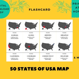 50 States of USA Educational Poster Flash Cards With Map | States ...
