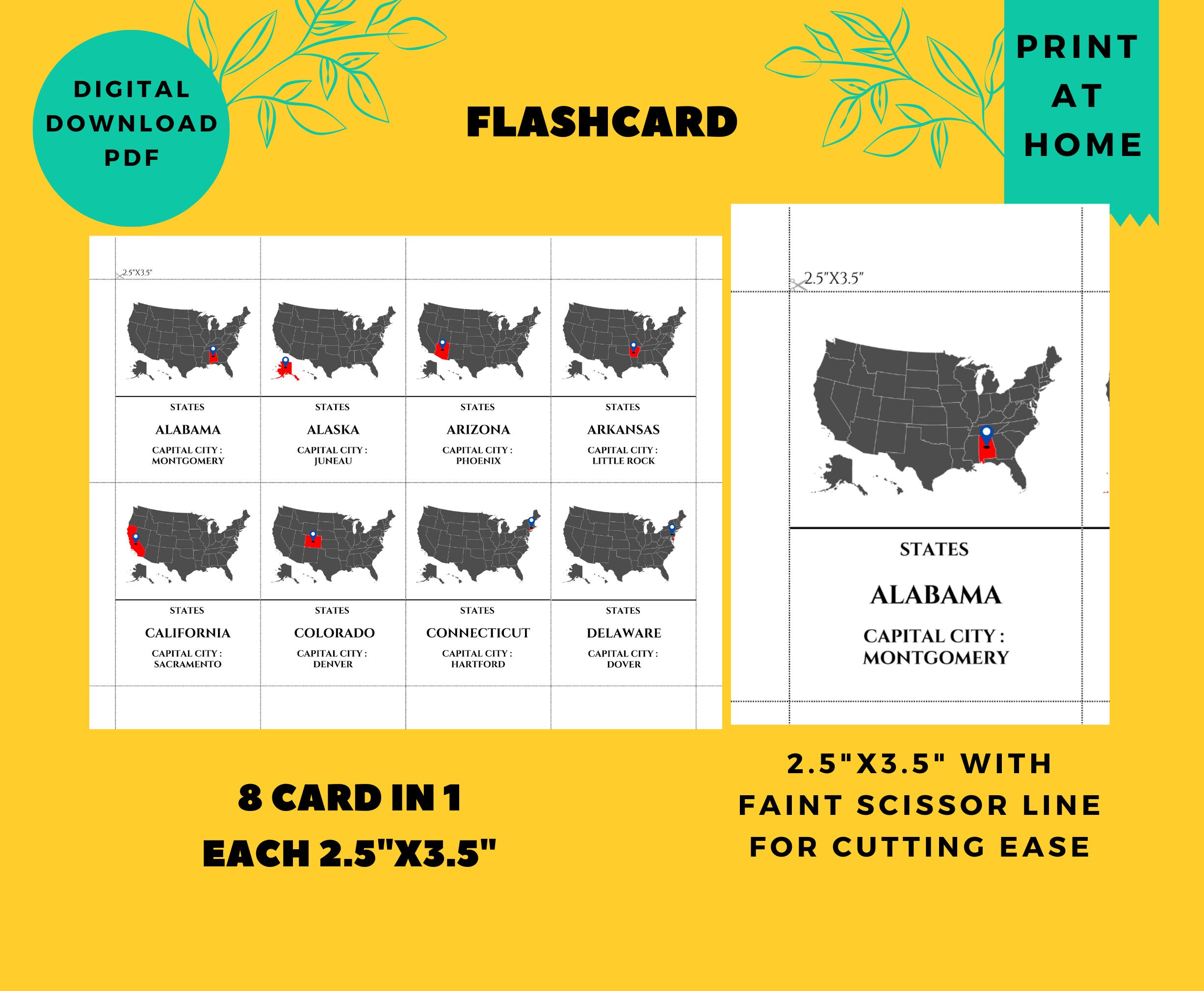 50 States of USA Educational Poster Flash Cards With Map | States ...
