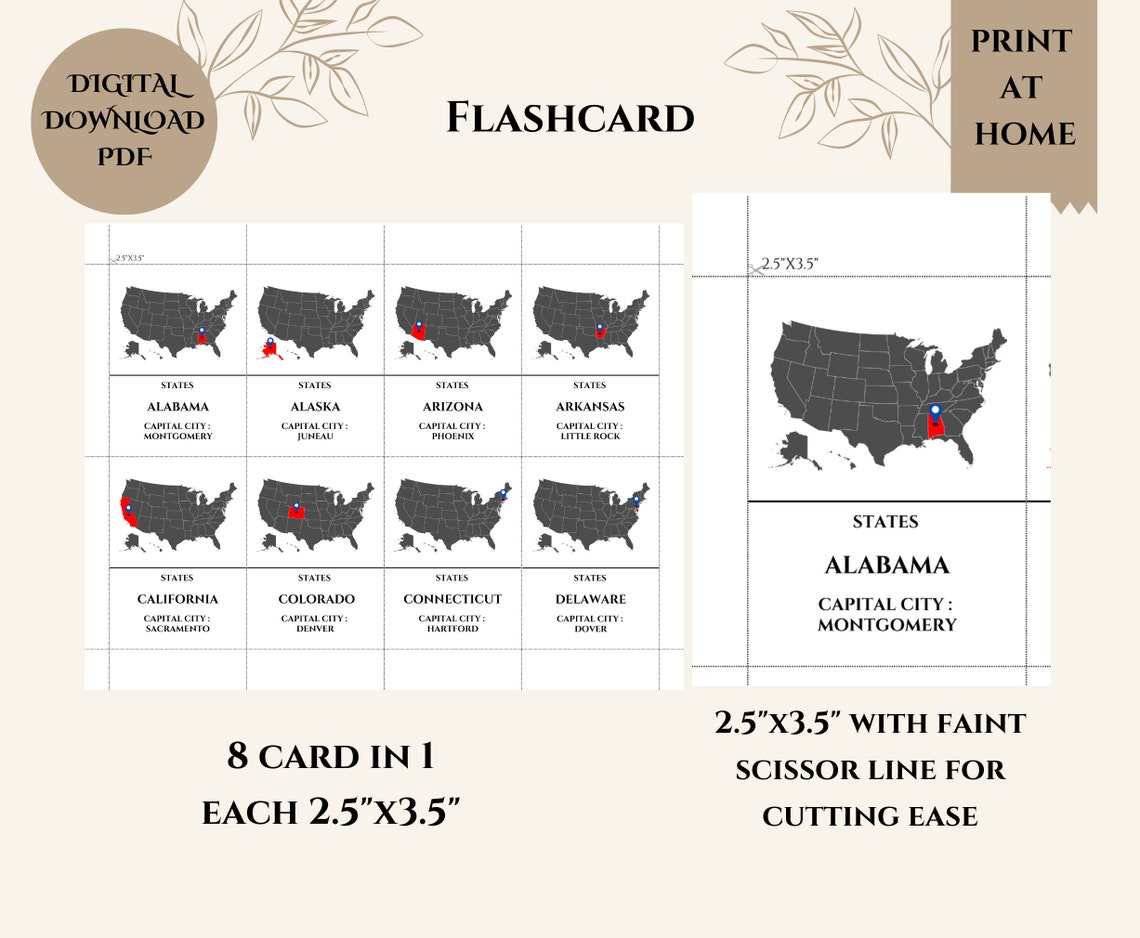 50 States of USA Educational Poster Flash Cards With Map - Etsy