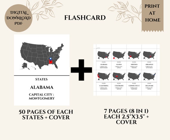 50 States of USA Educational Poster Flash Cards With Map - Etsy