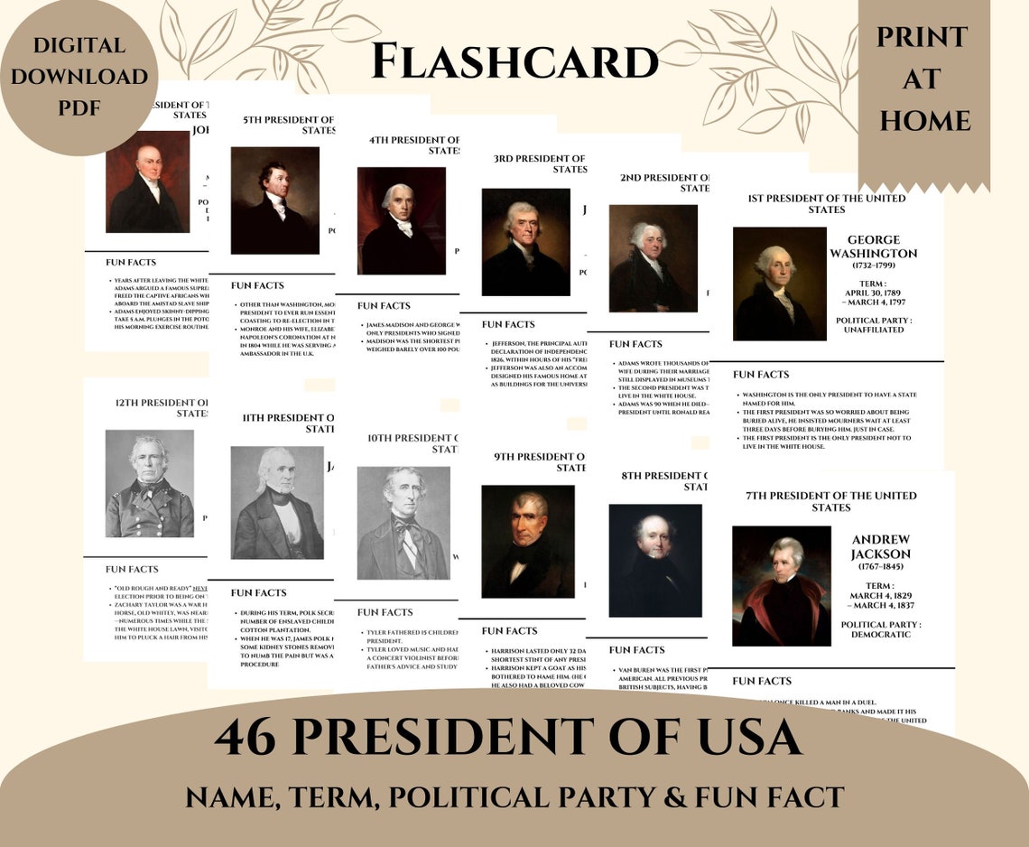46 Presidents of USA Educational Poster Flash Cards Fun Fact - Etsy