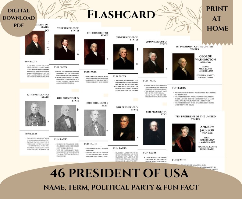 46 Presidents of USA Educational Poster Flash Cards Fun Fact - Etsy