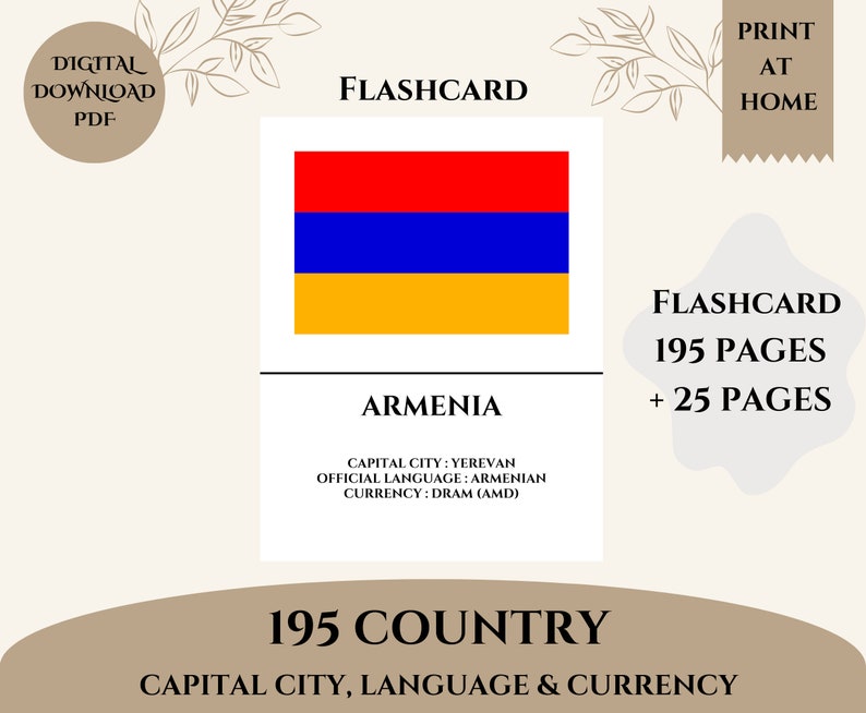 195 Country Educational Poster Flash Cards With Flag Capital - Etsy