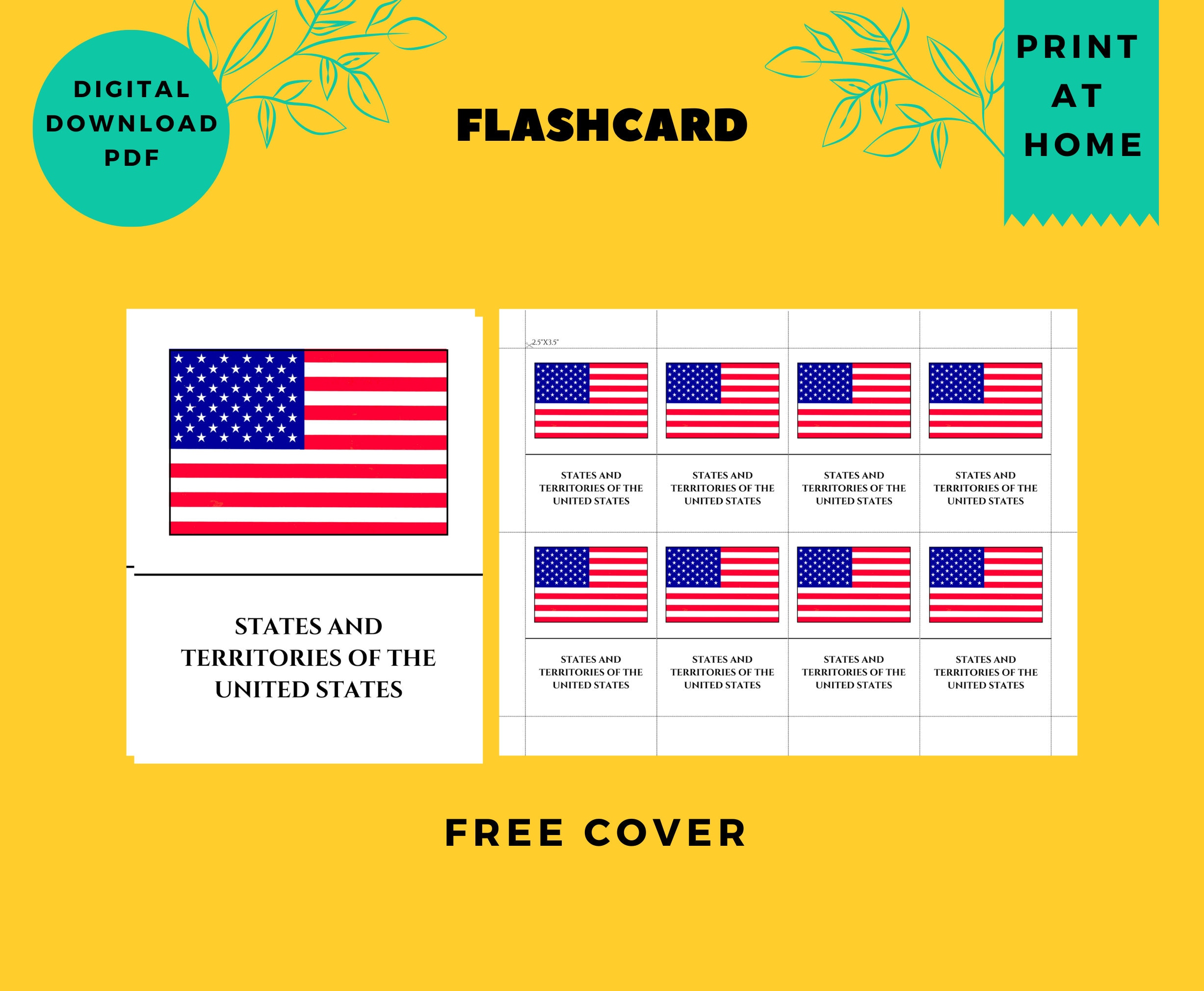 50 States of USA Educational Poster Flash Cards With Flag | States ...