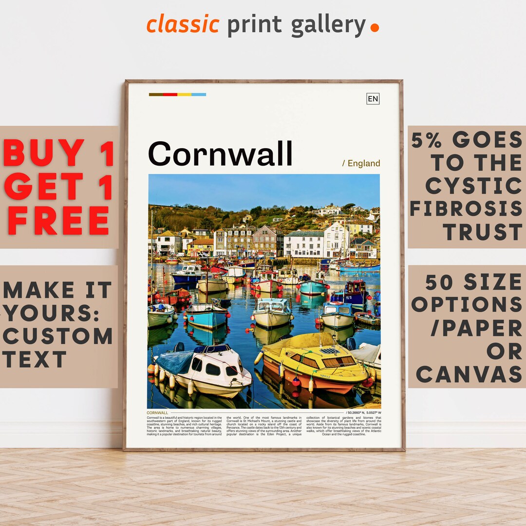 Cornwall Print, Cornwall Wall Art, Cornwall Color Poster With Text ...