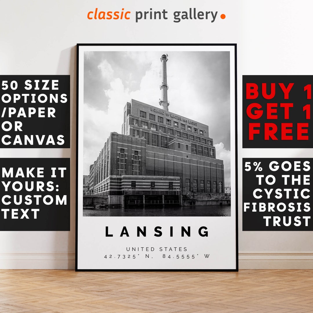 Lansing Poster Black and White Print, Lansing Wall Art, Lansing Travel ...