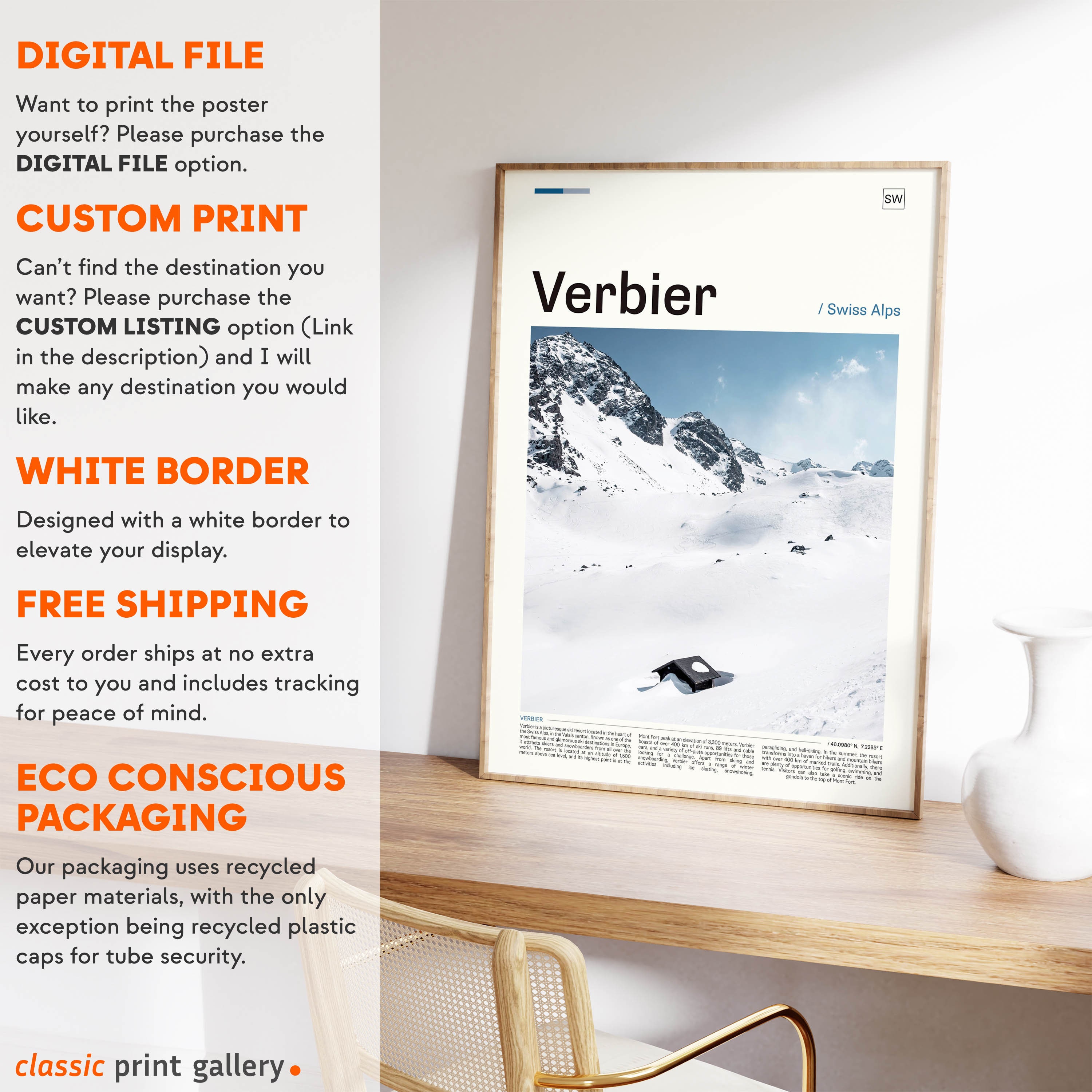 Verbier Print, Verbier Wall Art, Verbier Color Poster With Text ...