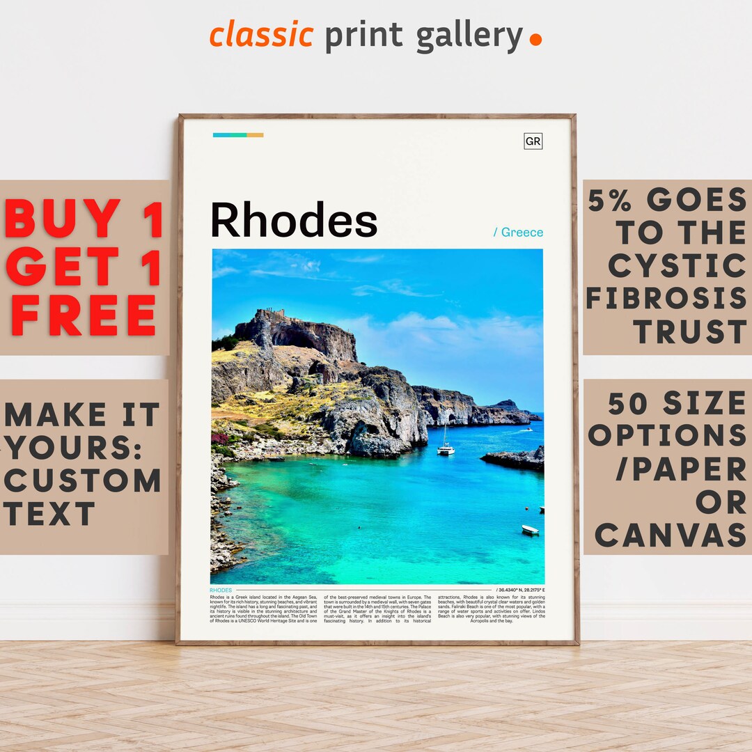 Rhodes Print, Rhodes Wall Art, Rhodes Color Poster With Text ...