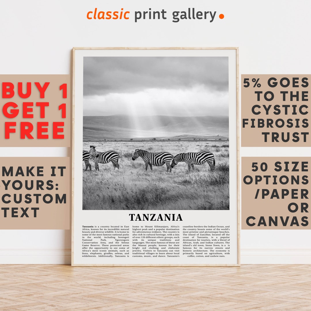 Tanzania Print, Tanzania Wall Art, Tanzania Black and White Poster ...
